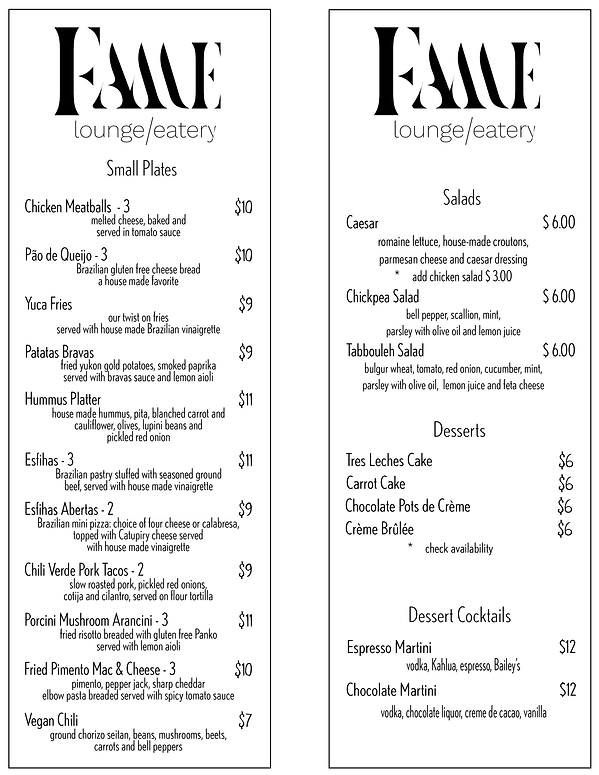 Menus Fame Lounge Eatery Menus Fame Lounge Eatery